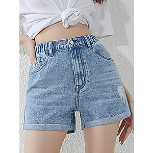 SweatyRocks Girl's Elastic Waist Ripped Jean Shorts Roll Up Hem Straight Leg Hot Pants Denim Shorts Light Wash 12-13Y