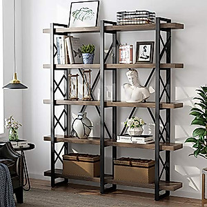 LITTLE TREE 5-Tier Double Wide Open Bookcase, Solid Wood Industrial Large Metal Bookcases Furniture, Vintage 5 Shelf Bookshelf Etagere Book Shelves for Home Office Decor Display (Wood)