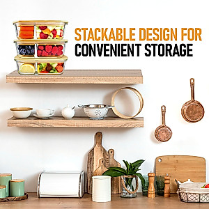 3-Compartment Glass Food Storage Containers with Lids for Lunch Storage, Glass Bento Box Set with Airtight Bamboo Lids - Great Mel Prep Containers for Lunch & Portion Control, 3 Pack, 31.5oz