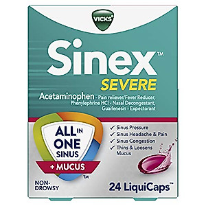Vicks Sinex SEVERE, All-In-One Sinus + Mucus Relief, Non-Drowsy, Loosens Mucus, Maximum Strength Relief of Pain, Pressure, Congestion, & Headache Relief, 24 LiquiCaps