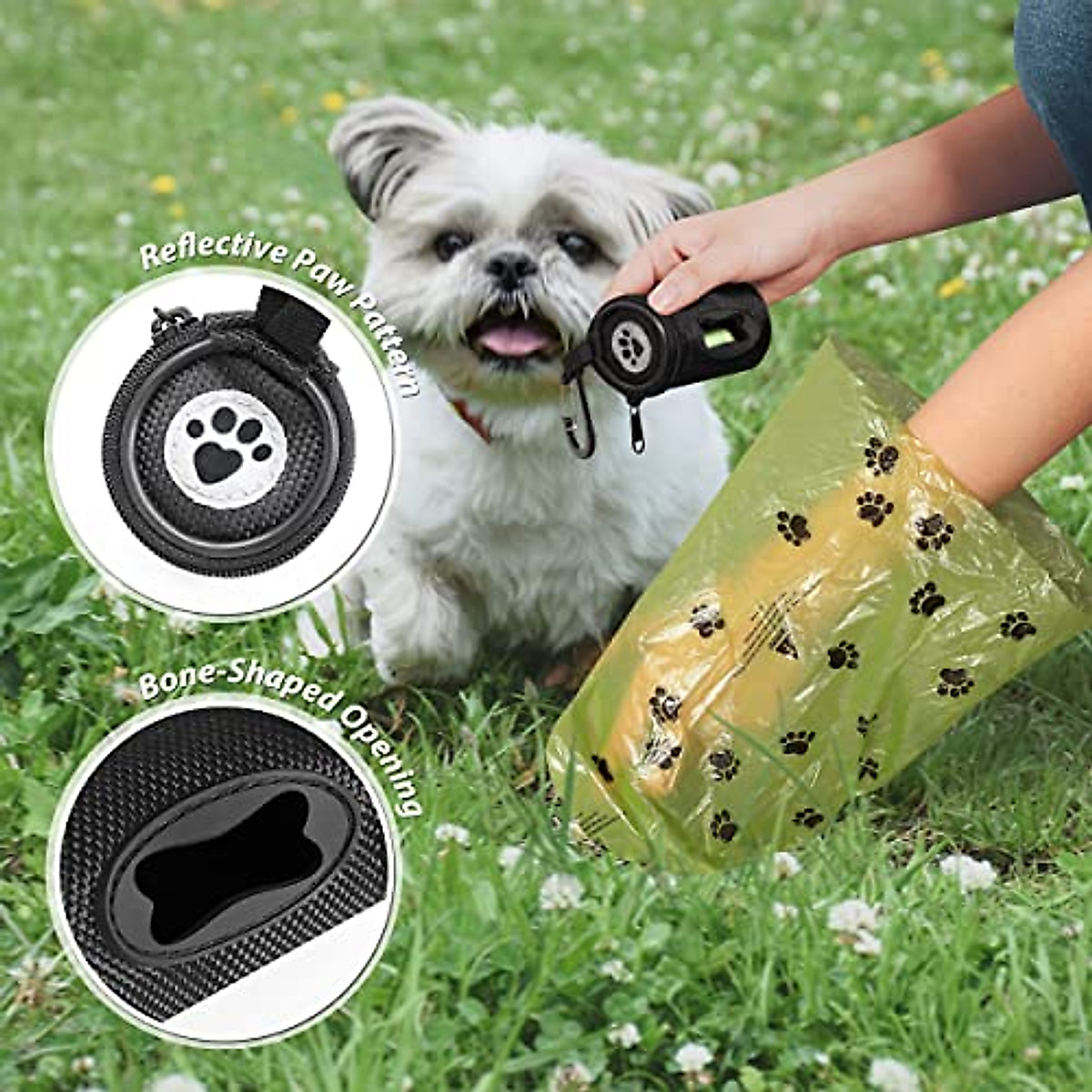 FURHAB Dog Poop Bag Holder Doggie Waste Bag Dispenser for Leash 1680D Nylon Oxford Small Zipper Pouch with Carabiner Clip for Belt Bone-Shaped Opening Portable Set with 1 Roll of Pet Trash Bags, Black