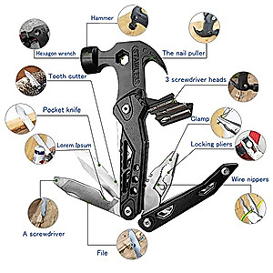 14 in 1 Multitool Hammer - All in One Tool Mini Camping Hammer, Cool Hiking Survival Gear, Multitool Gadgets For Mens Gifts, Hunting Stocking Stuffers For Men