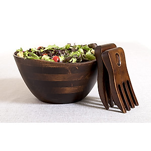 Lipper International Walnut Finish Large Wavy Rim Bowl with Salad Hands