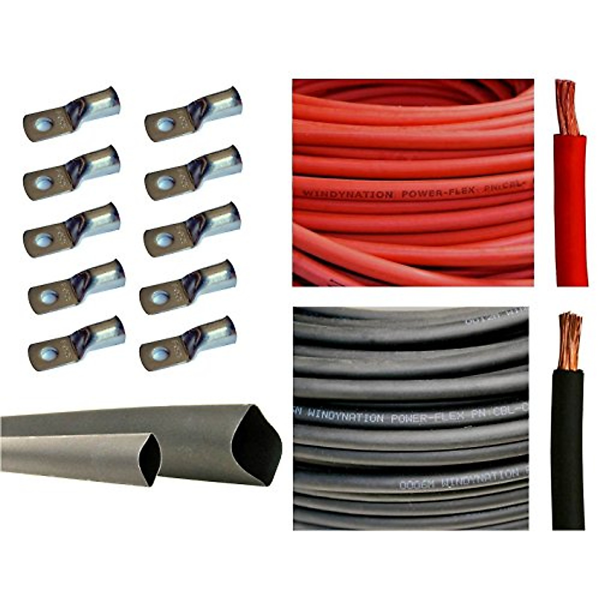 2 Gauge 2 AWG 25 Feet Red + 25 Feet Black Welding Battery Pure Copper Flexible Cable + 10pcs of 3/8" Tinned Copper Cable Lug Terminal Connectors + 3 Feet Black Heat Shrink Tubing