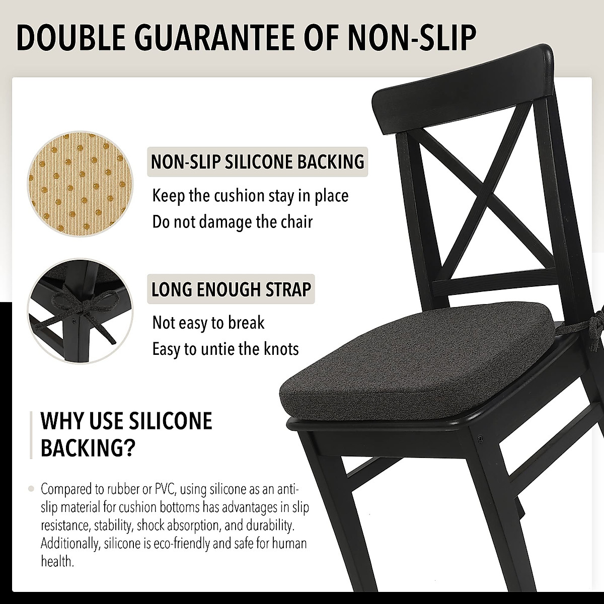 Tromlycs Kitchen Chair Cushions for Dining Pads Set of 4 Room Seat Indoor U Shaped Non Slip with Ties 17 x 16 Inch Black Gray