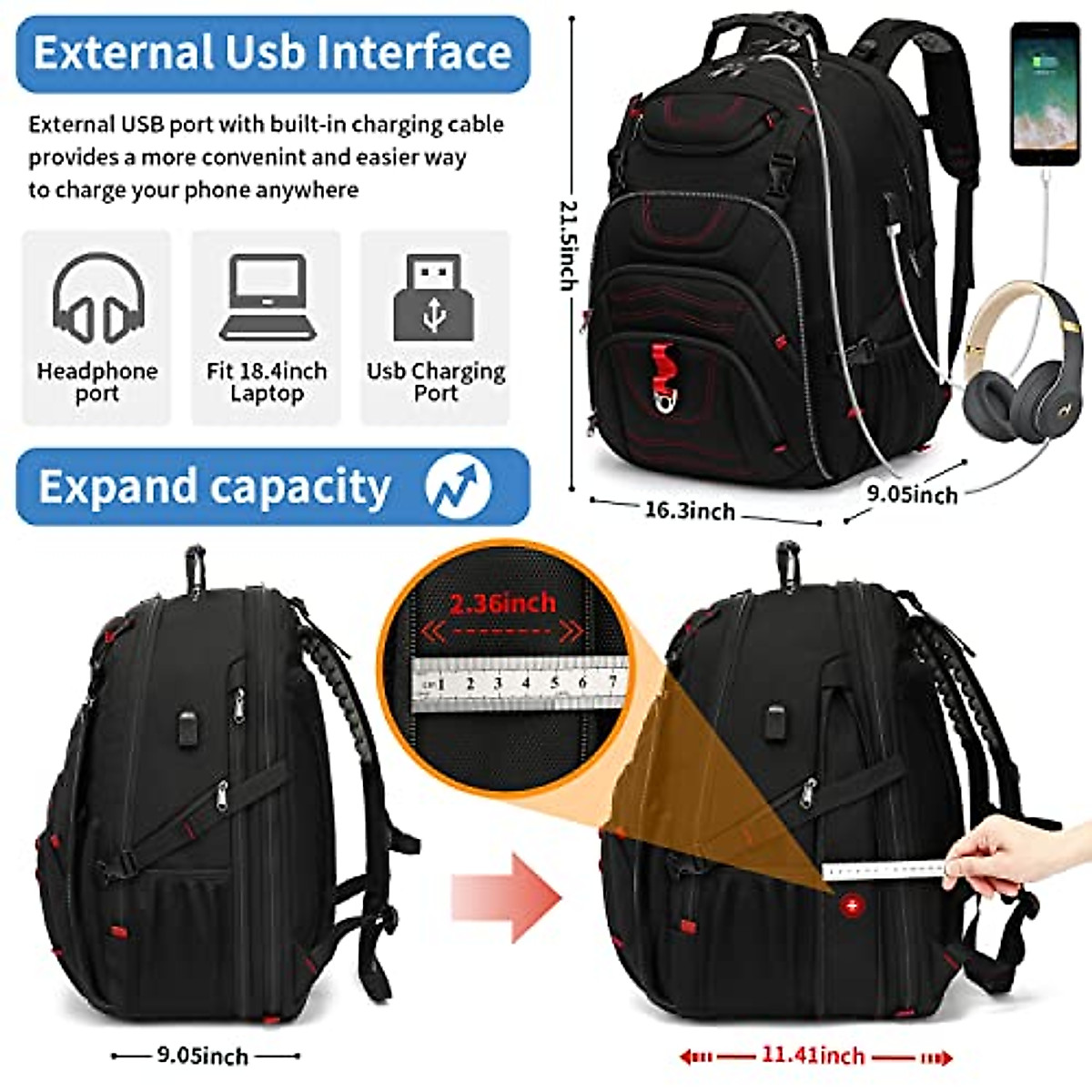 Boniyee Laptop Backpack for Men - Travel Backpack with USB Charging Port for Daily Commutes and Travel -College Backpack Men - Gifts for Men - Waterproof - Black