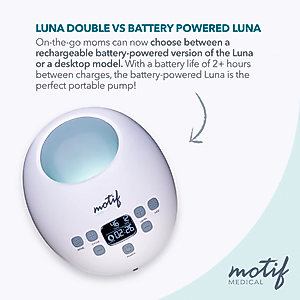 Motif Medical Luna with Battery Double Electric Breast Pump, Portable Breast Pump with Battery - Easy to Use, Quiet Motor, Built-in LED Night Light