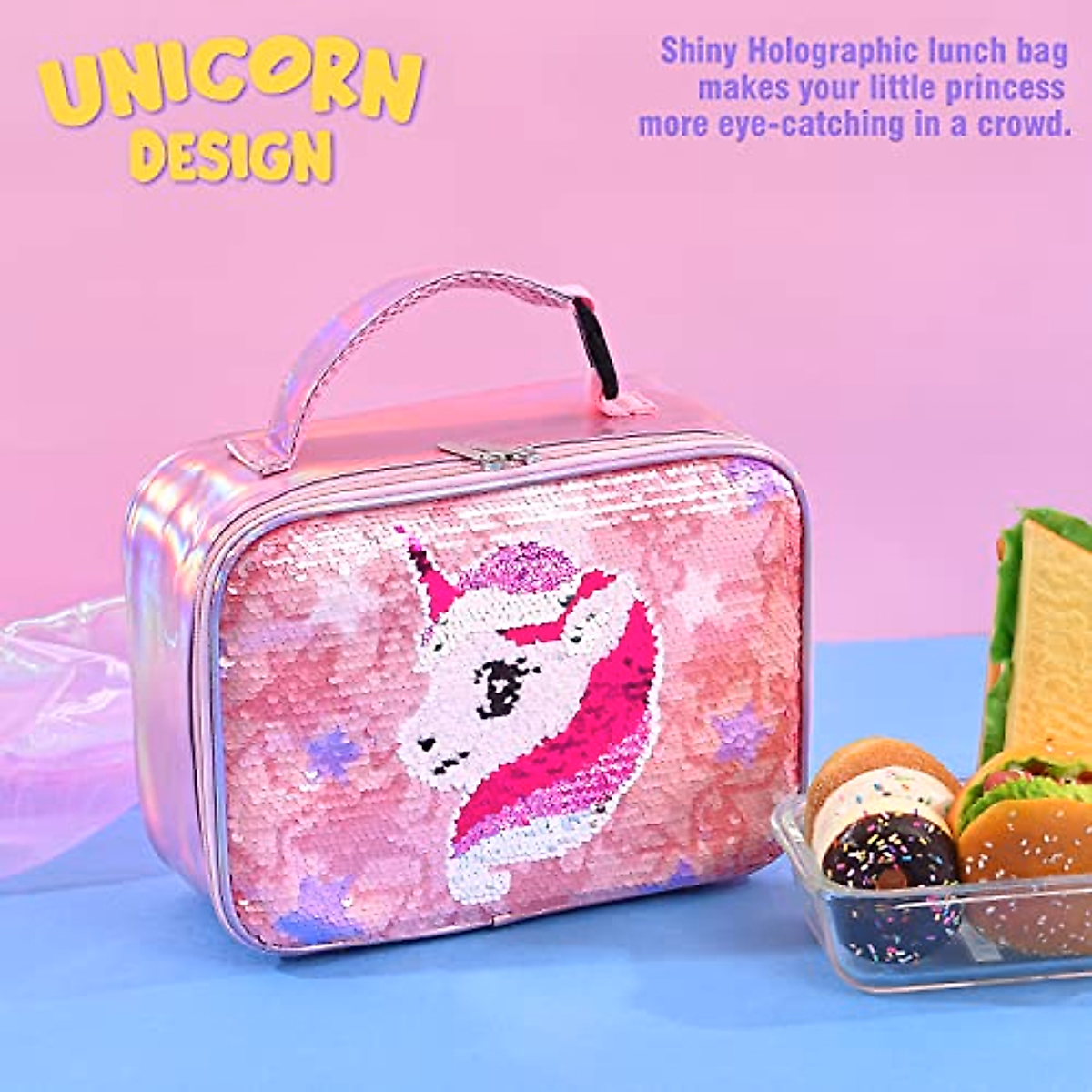 WERNNSAI Sequins Unicorn Lunch Box - Holographic Insulated Girls Lunch Bag for Kids Bento Back to School Picnic Preschool Kindergarten Lunch box Waterproof Reusable Thermal Lunch Tote Box