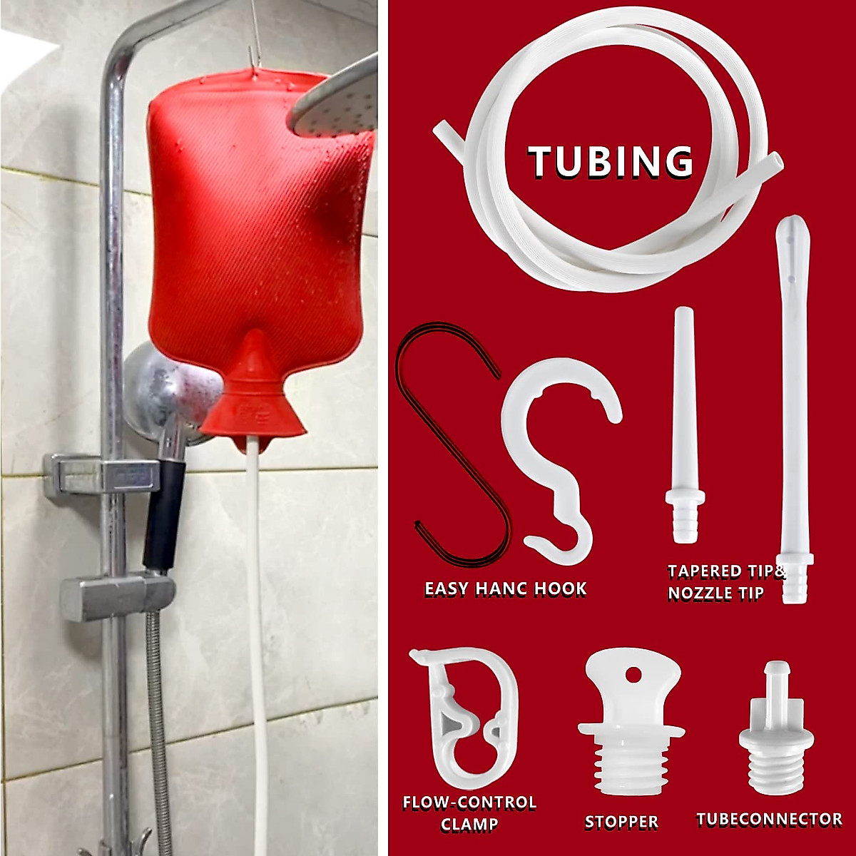 2 L Enema Bag ，Coffee Enema Bag Kit with 5.0 ft. Long Silicone Hose ,2 Multi-Size Reusable Tips, Controlable Water Flow Valve- Coffee, Shower, Douche & Home Adult Enema Kit（RED）