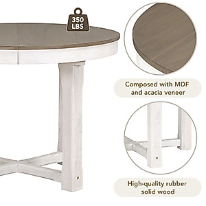 BIADNBZ 5-Piece Round Dining Table Set for 4, Two-Size to Oval Extendable Butterfly Leaf Wood Tabletop and Four Upholstered Chairs with Armrests, for Kitchen Living Room, Brown+White