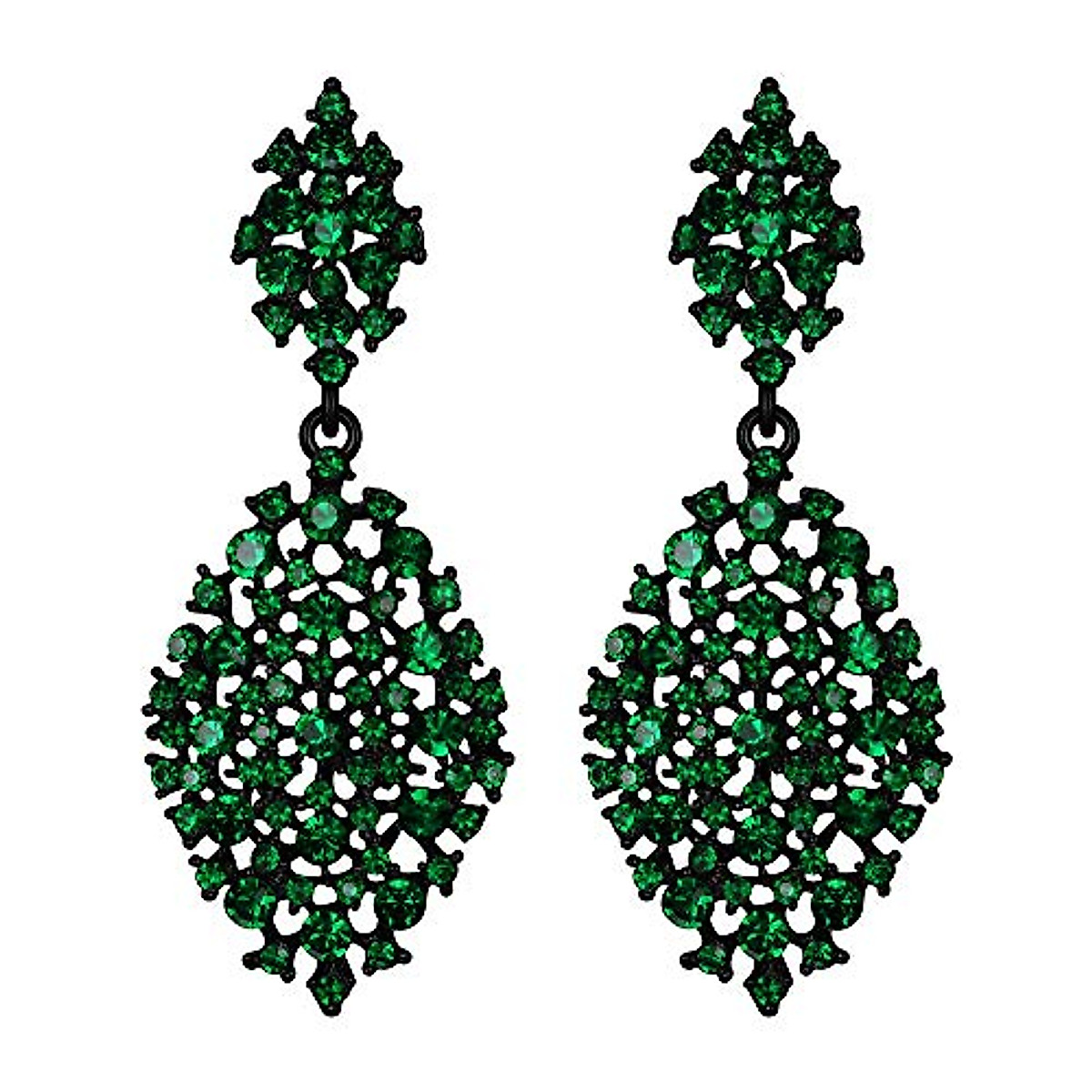 Flyonce Women's Austrian Crystal Party Hollow-out Teardrop Pierced Dangle Earrings Green Black-Tone