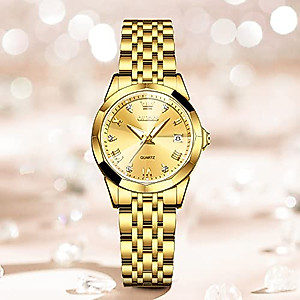 OLEVS Womens Watch Fashion Dress Diamond Female Watches for Ladies Analog Quartz Stainless Steel Waterproof Luminous Day Date Gold Two Tone Wristwatch