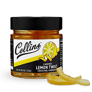 Collins Lemon Twist in Syrup Candied Citrus Peel - Popular Cocktail Garnish for Margarita, Martini, Lemon Drop, Old Fashioned Drinks, Peel for Baking - 10.9oz Jar