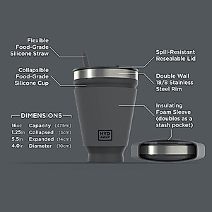 HYDAWAY Collapsible Drink Tumbler | Portable, Insulated, Hot & Cold Drink Cup for Coffee, Tea, Smoothies, Beer, Cocktails, Travel, Commuting, Camping, Events | 16oz Capacity (Ember)