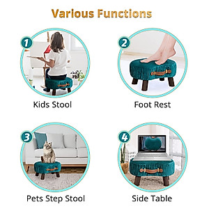 LUE BONA Small Curved Foot Stool with Handle, Velvet Footstool and Ottomans, Modern Foot Rest with Wooden Legs, Step Stool with Padded Seat for Couch, Living Room, Teal