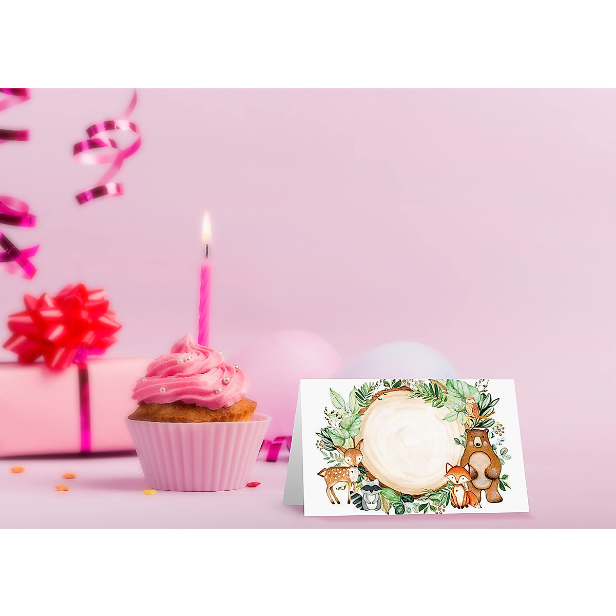 Table Place Card, Woodland Animals Themed Tent Style Cards, Pack of 25 Half-Fold Reception Place Card, Botanical Forest Food Labels, Perfect for Greenery Baby Shower, Birthday Party(C01)