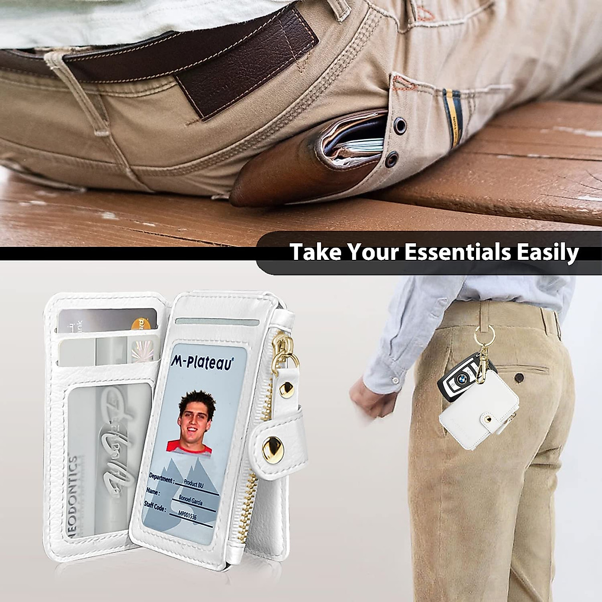 M-Plateau Off white Keychain Wallet, Wallet Women with Circle Coin Purse Keychain and Zipper Card Case,Trifold Leather wallet with ID Window Gift For Women (White)