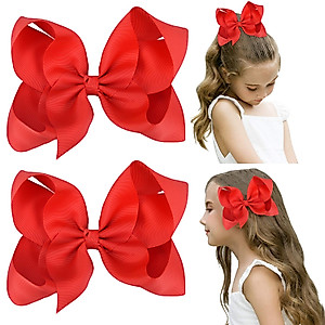DEEKA 2 PCS 6" Big Hand-made Grosgrain Ribbon Solid Color Hair Bows Alligator Clips Hair Accessories for Little Teen Toddler Girls Kids Set of 2 -Red