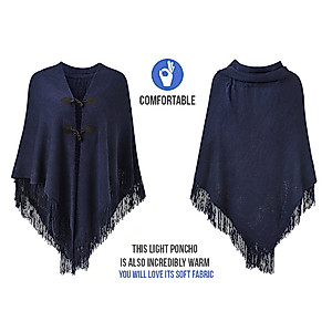 Ferand Women’s Loose Fitting Poncho Cape Shawl with Stylish Horn Buttons, V Neckline and V Hem, Navy blue