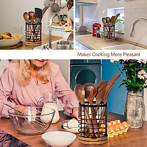 JSVER Utensil Holder Kitchen Utensil Holder, Round Utensil Holder for Kitchen Counter, Cooking Utensil Holder With Wooden Base Matte Black, 360° Rotating Kitchen Utensils Holder