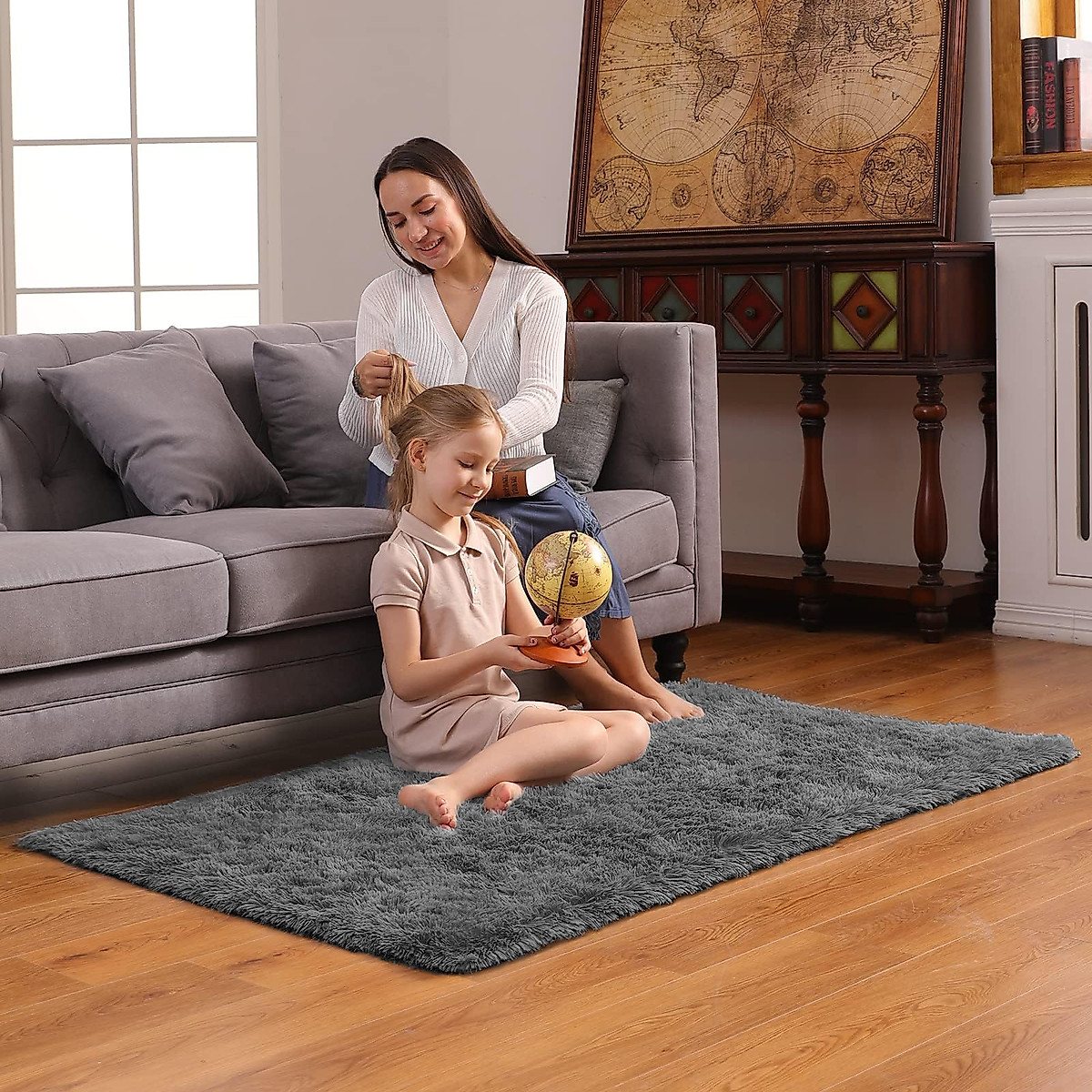 Ophanie 3x5 Rug, Bedside Preppy Dorm Area Rug, College Essentials Non Slip Grey Small Carpets for Bedroom, Anti Slip Fluffy Gray Living Room Rugs Home Decor Aesthetic, Nursery