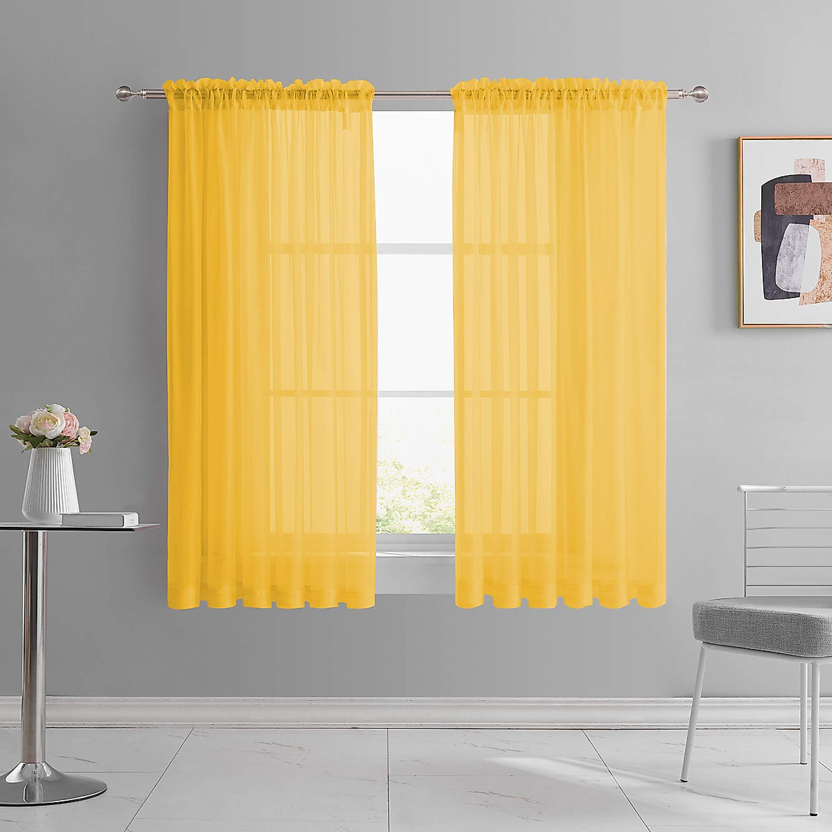 KEQIAOSUOCAI Gold Yellow Sheer Curtains for Small Windows Rod Pocket Short Dark Yellow Sheer Drapes 45 Inch for Bathroom Basement 1 Pair 52x45