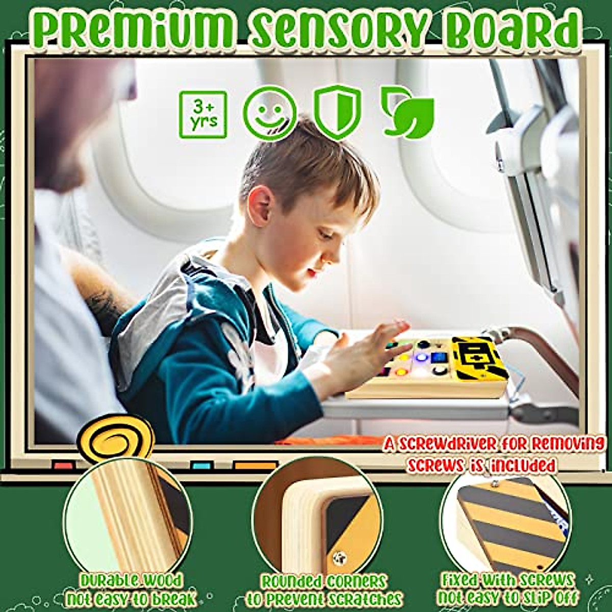 TEUVO LED Light Switch Busy Board for Toddler with Sound Montessori Toys Wooden Sensory Board Travel Toys with Button Keep Toddler Busy Educational Learning Toy Gifts for Kids Boy Girls Aged 1 2 3 4 5