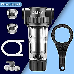 ALTHY Spin Down Sediment Filter, Reusable Whole House Sediment Water Filter, Flushable Prefilter Pre-Filtration System, 3/4" + 1/2", 40-Micron Stainless Steel Mesh, Traps Rust, Dust, Sand