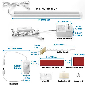 Litever Under Cabinet LED Lighting Bar Dimmable. 1 pc 12” Slim Bright LED Light Strip. Power Adapter, Switch, Dimmer Included. Plug in. Perfect for Kitchen Counter Workbench Closet. Warm White 3000K