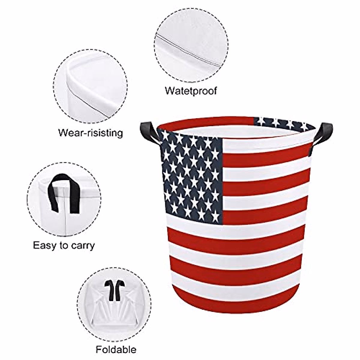 Patriotic American Flag Red White Blue Laundry Hamper Laundry Basket Dirty Clothes Bag Foldable Bucket Washing Bin Toys Storage Organizer for College Dorms, Kids Bedroom,Bathroom