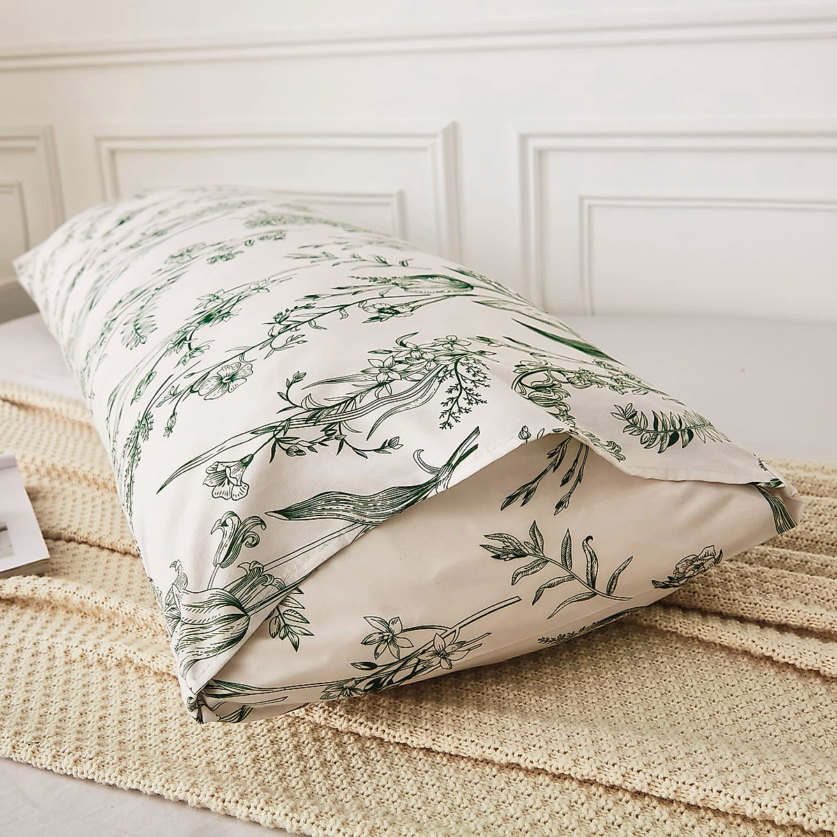 Green Flower Body Pillow Cover 20x54 Body Pillow Cover Dark Green Branches Flower Long Body Pillow Cover Country Style Farmhosue Decor Body Pillow Case Cover with Pocket Closure(Body,Branch)