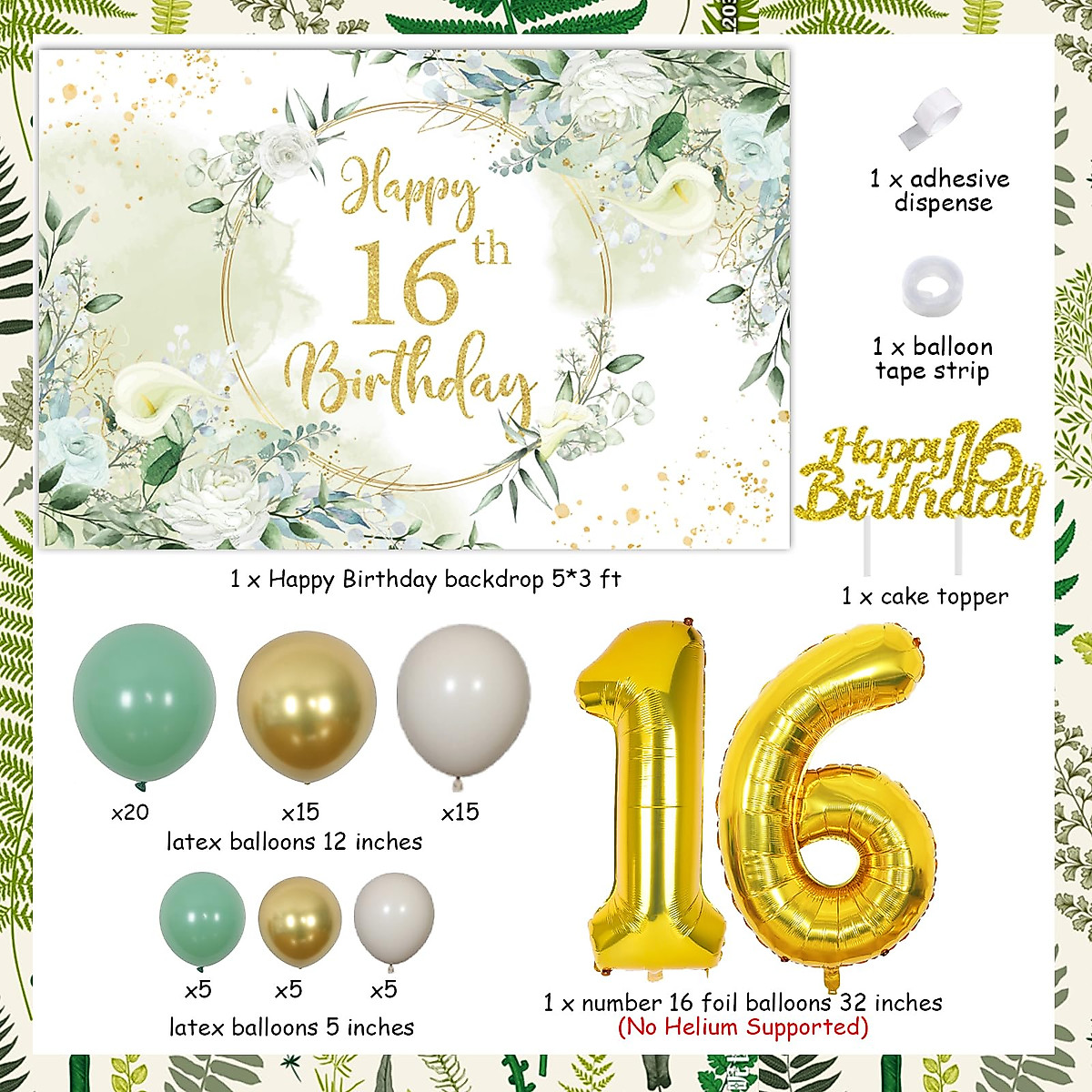 Sage Green Sweet 16 Birthday Decorations - Sage Green and Gold Balloon Garland Arch Kit with Happy 16th Birthday Backdrop, Cake Topper, Foil Balloon, Sweet 16 Birthday Decorations for Girls