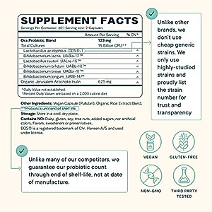 Ora Organic Probiotics with Prebiotics - 16 Billion CFU 6 Clinically Studied Strains for Digestive Health, Supports Occasional Constipation, Bloating, & Gas | Vegan, Dairy & Gluten Free, 60 Capsules