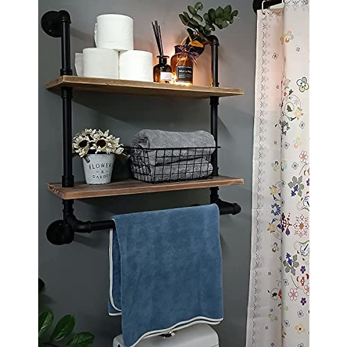 HDDFER Industrial Pipe Shelving Bathroom Shelves with Towel Bar Rustic Floating Pipe Wall Shelves with Wood Planks, 20 Inch Farmhouse Bathroom Shelves Over Toilet Wall Mounted