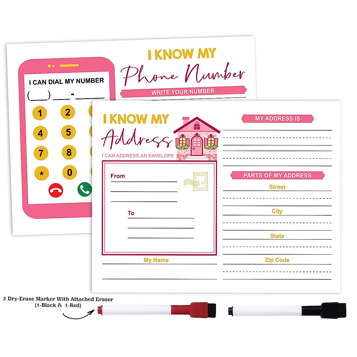 Inkdotpot Dry Erase Practice Worksheet I Know My Address, I Know My Phone Number - Preschool, Kindergarten Laminated Worksheet, Homeschool Activities for Kids with 2 Dry Erase Markers