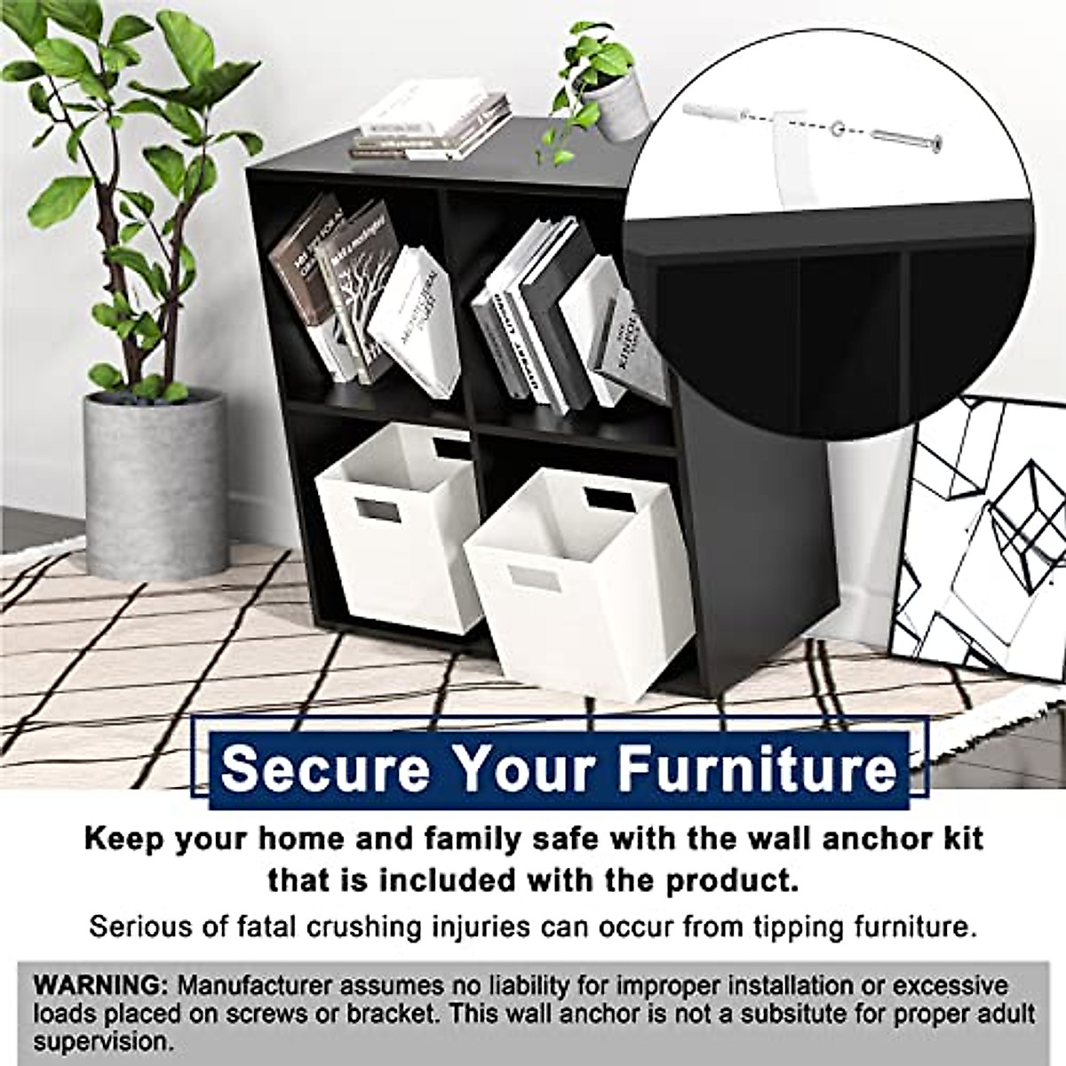 CREATIVELAND 4 Cube Storage Organizer Black Bookshelf Wooden Closet Unit Assemble Display Rack Shelving for Office,Bedroom,Living Room Home Furniture