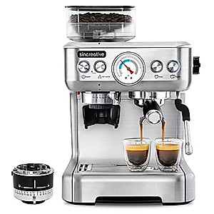 Espresso Machine with Grinder and Milk Frother, 20 Bar Semi Automatic Espresso Coffee Machine Latte and Cappuccino Coffee Maker All in One Espresso Machine For Home Barista, Brushed Stainless Steel