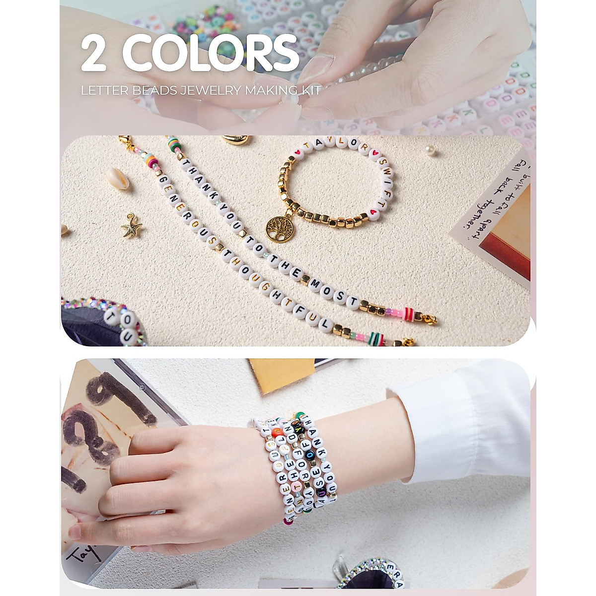 L'EclatDina 2 Box Set Letter Beads, Alphabet Beads for Bracelets, 1900+ PCS Round Number & Heart Beads, 5m Elastic String Jewelry Making Kit, Ideal for Friendship Bracelets (Black+Gold)