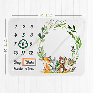 LUNAMIO Baby Monthly Milestone Blanket Boy Girl, Woodland Nursery Decor for Boys, Baby Milestone Blanket, Baby Boy Milestone Blanket, Woodland Baby Shower, Milestone Blanket for Baby Girl Boy, 50"x40"