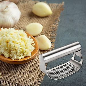 Stainless Steel Garlic Presser, Garlic Press Rocker Heavy Duty Stainless Steel Garlic Mincer, Garlic Chopper with Peeler And Cleaning Brush for Smash Garlic Kitchen Tools (A)