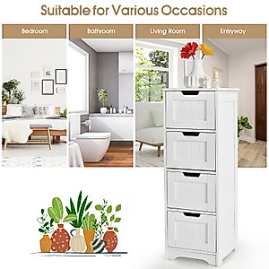 Tangkula Bathroom Floor Cabinet with 4 Drawers, 12 x 12 x 32 Inch, Freestanding Storage Cabinet for Bathroom Living Room, Wooden Bathroom Cabinet for Home Office (White)