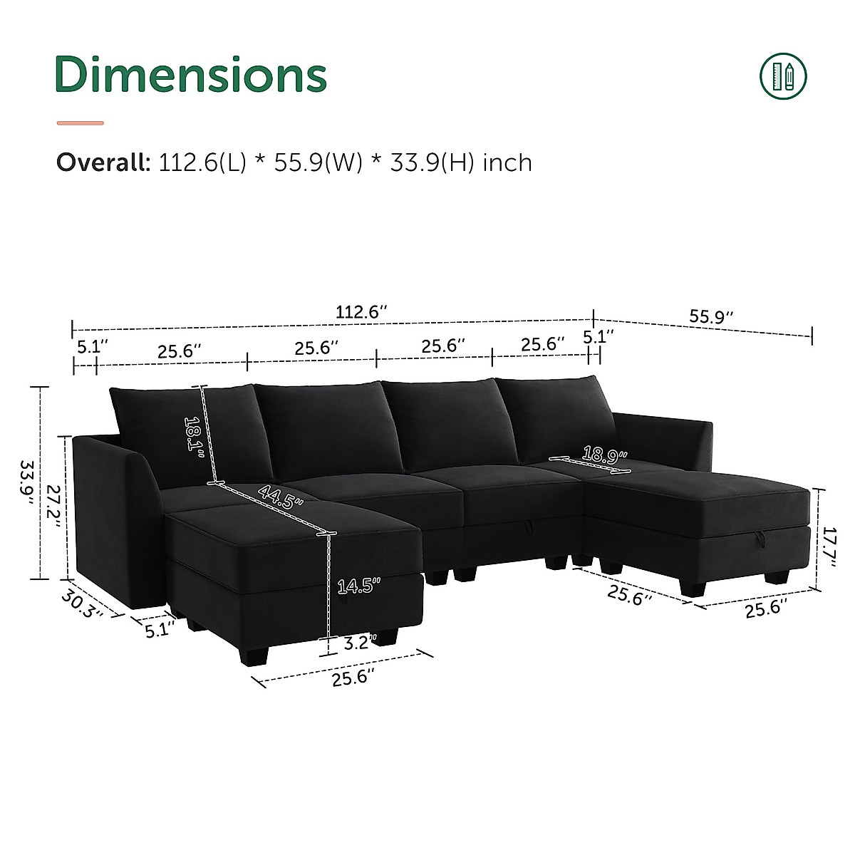 HONBAY Modular Sectional Sofa Convertible U Shaped Couch with Reversible Chaise Velvet Modular Sofa Sectional Couch with Storage Ottoman, Black