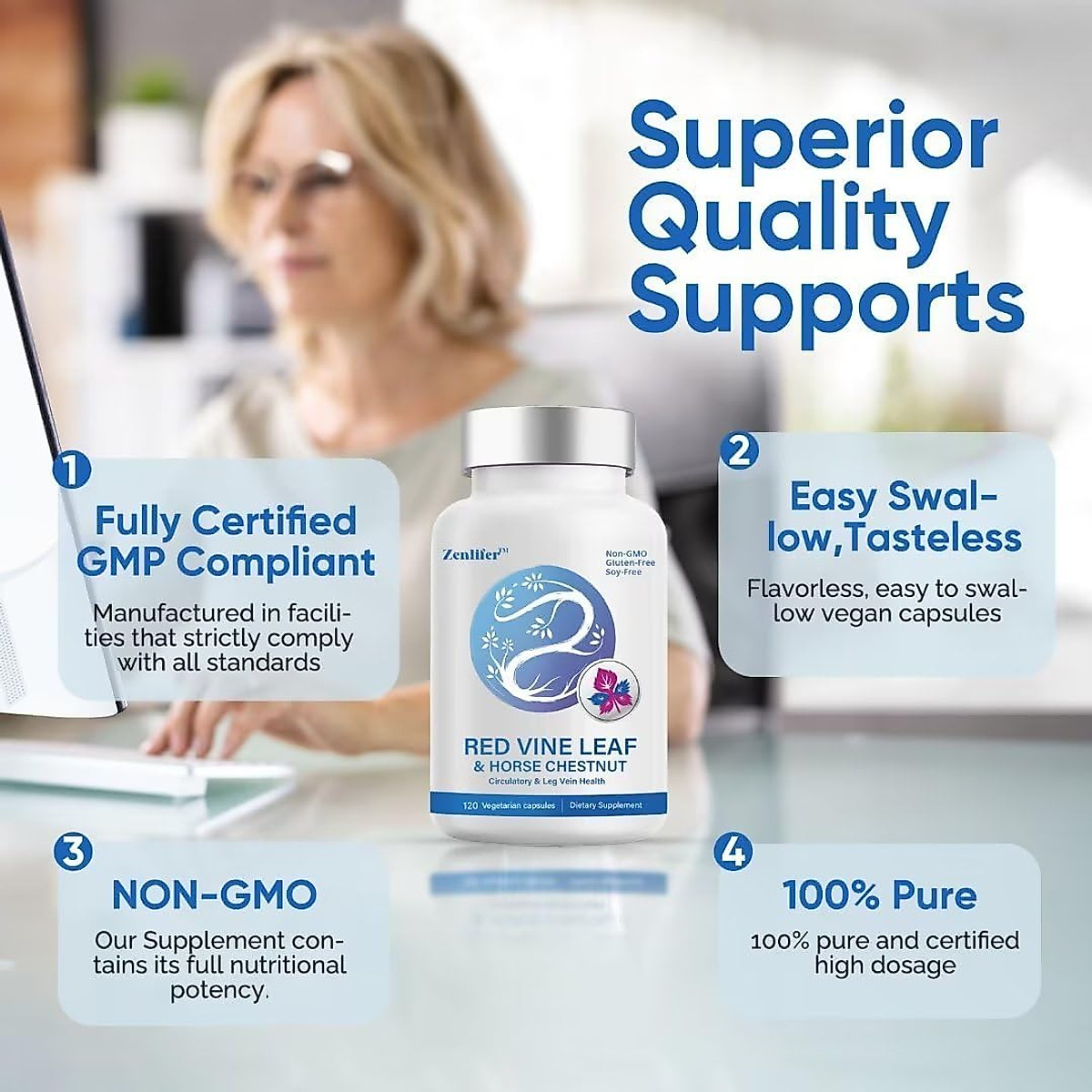 Zenlifer 120 Capsules 1400mg Red Vine Leaf Extract & Horse Chestnut Extract 100mg Supplement, Supports Healthy Skin, Leg Veins, Circulation, and Heart Health