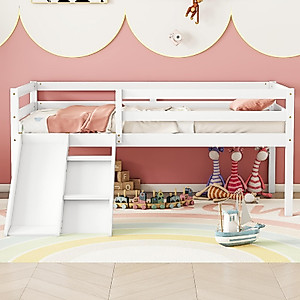 Toforo Twin Low Loft Bed for Kids with Slide and Ladder, Wood Loft Bed Frame with Safety Guardrail for Children, Teens, Boys or Girls, White