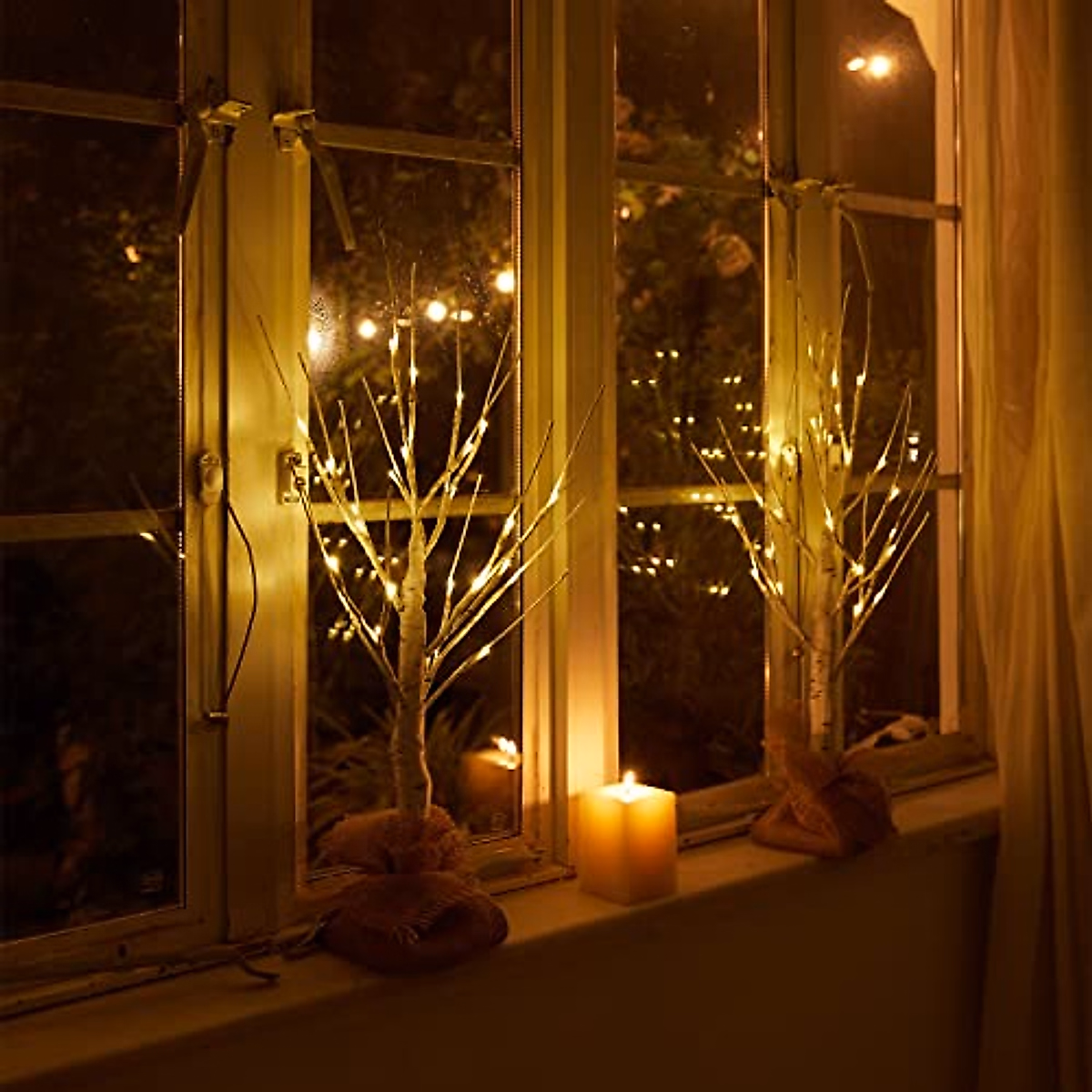 Lighted Birch Tree, 2pcs 24”H Tabletop Tree Light with Burlap Decor, Pre-Lit 24 LED Warm White Lights, Timer Function, Money Tree Perfect for Spring Home Centerpiece Decor, Indoor&Outdoor Use