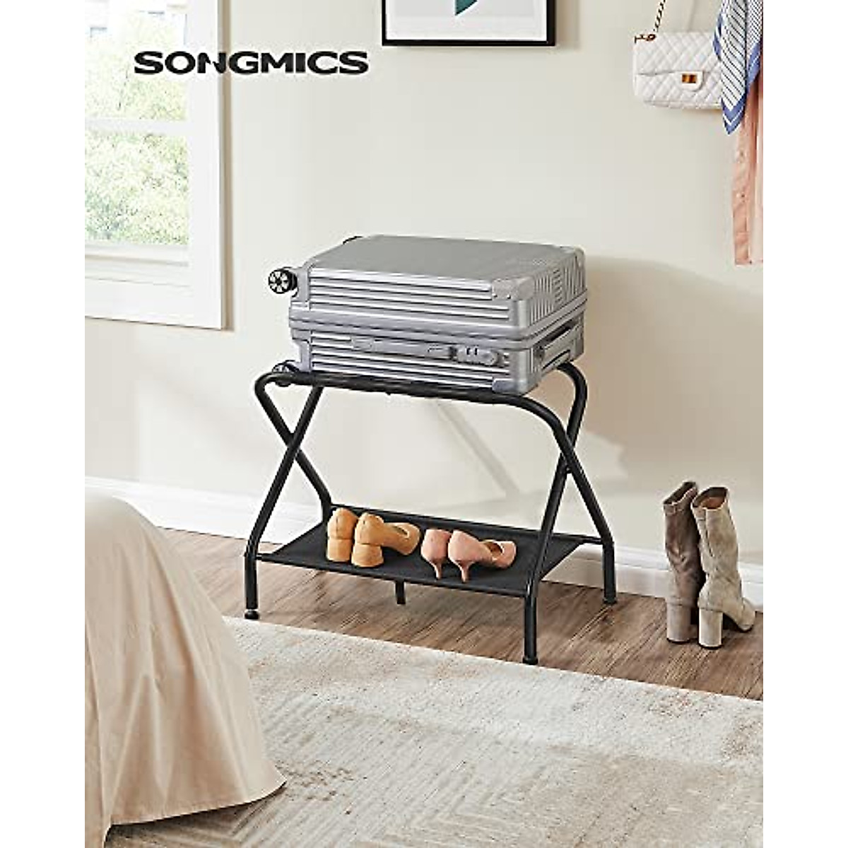 SONGMICS Luggage Rack, Suitcase Stand with Fabric Storage Shelf, for Guest Room, Bedroom, Hotel, Foldable Steel Frame, Holds up to 110 lb, 27.2 x 15 x 20.5 Inches, Black URLR002B01V1