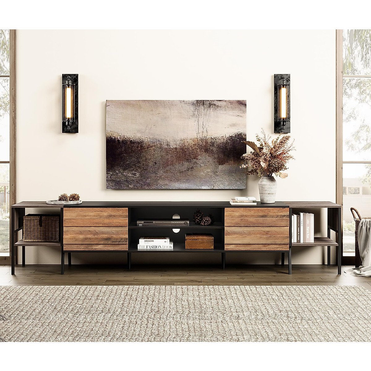 WAMPAT Mid-Century TV Stand for 100 Inch TV, Wood Entertainment Center for 85 90 95 inch TV Console Table with Open Storage for Living Room Bedroom,Black&Brown