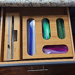 Wooden Ziplock Bag Organizer For drawer - Comes With Adjustable Foil or Plastic Wrap Dispenser With Cutter For Kitchen Drawer Organization and Storage - Zip Lock Bag Organizer Use in 1 or 2 Places