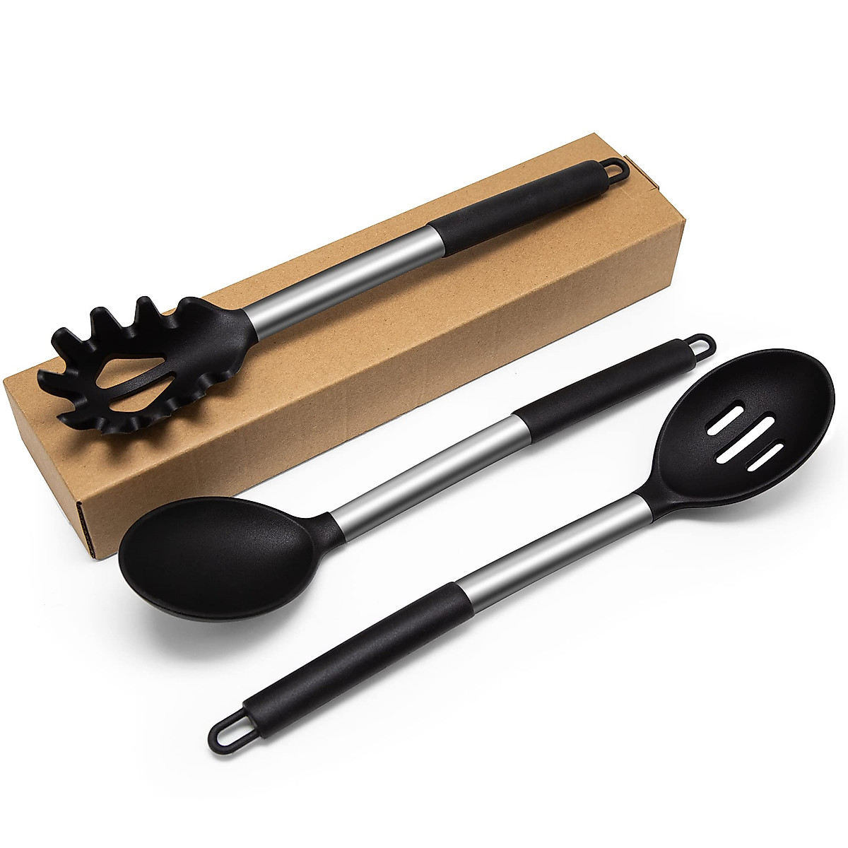 Silicone Cooking Spoons, Large Heat Resistant Silicone Pasta Slotted Spoon Solid Spoon for Nonstick Cookware, BPA Free Black Silicone Kitchen Spoons Dishwasher Safe for Cooking Mixing Serving, 3 Pack