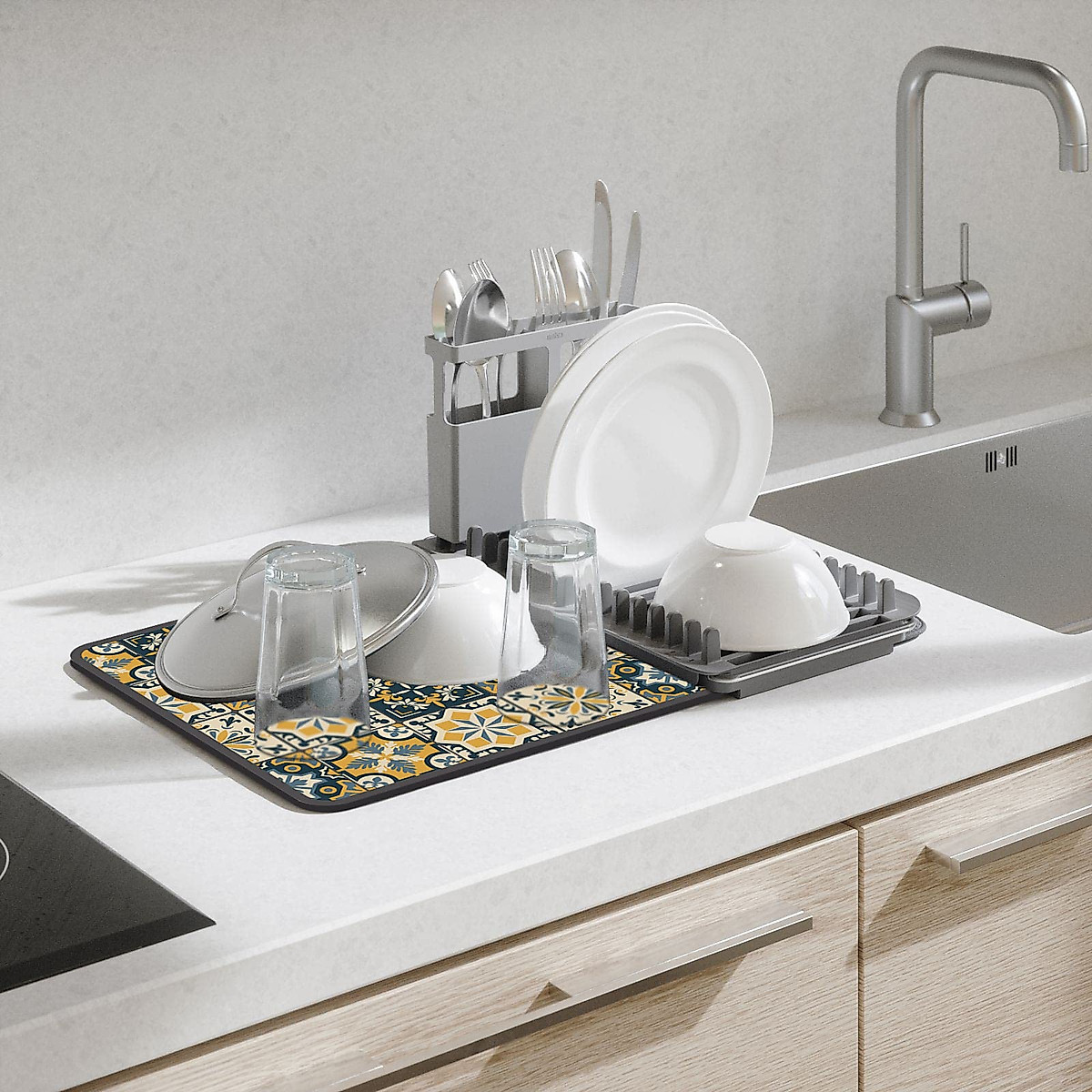 NeuWee Dish Drying Mat for Kitchen Counter, Super Absorbent, Heat Resistant, Non-Slip Dish Drying Pad, Hide Stain Coffee Mat, Table Mat Under Appliance, Ethnic Style, Yellow Blue Print, 16 x 20 Inch